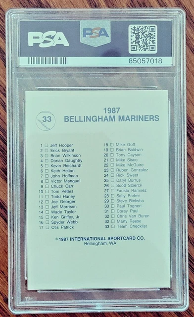 1987 BELLINGHAM MARINERS Team Issue avec Ken Griffey Jr. #33 PSA 8 Neuf ...