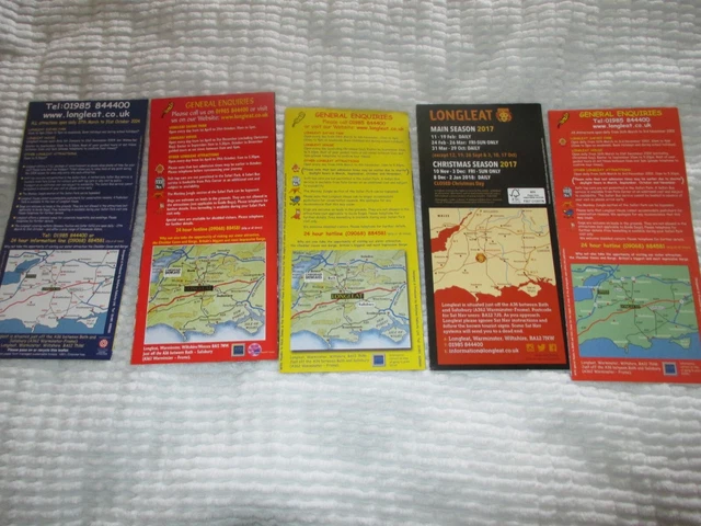 LONGLEAT SAFARI PARK Zoo Leaflets x 5 2000, 2001, 2002, 2004, & 2017 ...