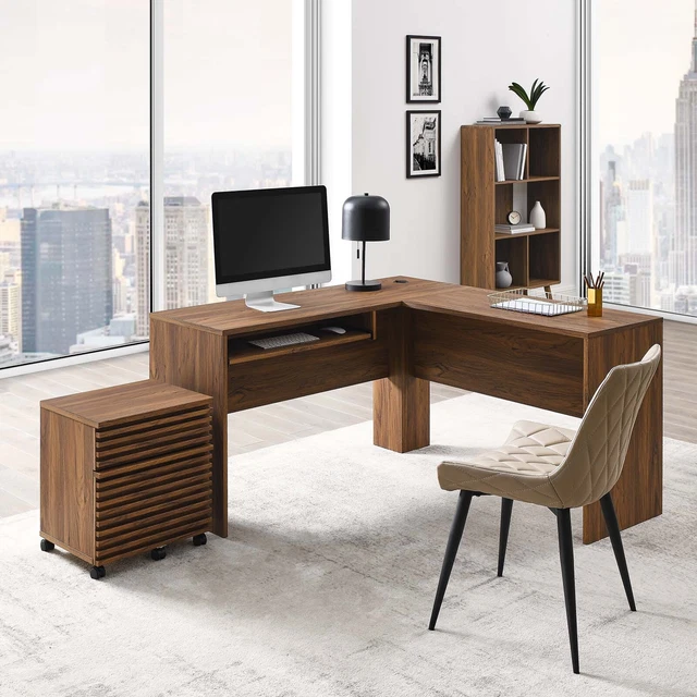 MODWAY RENDER MID-CENTURY Modern Office Desk and File Cabinet in Walnut ...