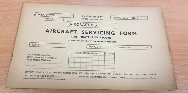 RAF FORM 700/F, Blank, Aircraft Servicing Form, Flying Training Piston ...