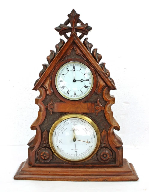 ANTIQUE GOTHIC CHURCH Mantel Clock & Barometer, Swiss Movement, Working ...