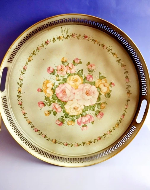 PLATEAU FRANÇAIS SIGNÉ, fleuri,vintage style Napoléon III EUR 65,00 ...