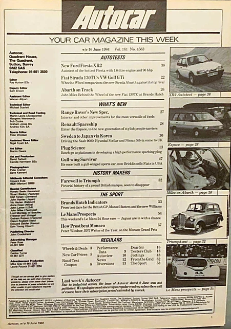 AUTOCAR MAGAZINE 16-JUN-84 - Fiesta XR2, Fiat Strada 130TC, VW Golf GTi ...