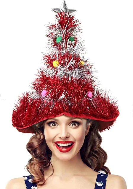 ADULT CHRISTMAS TREE Hat Green & Gold Sequin Star Topper Plush Baubles ...