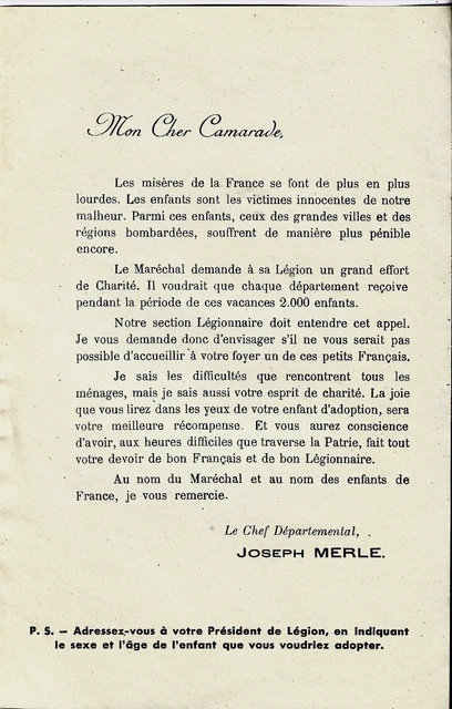 1940 TRACT MARÉCHAL Pétain propagande adoption des enfants Légion ...