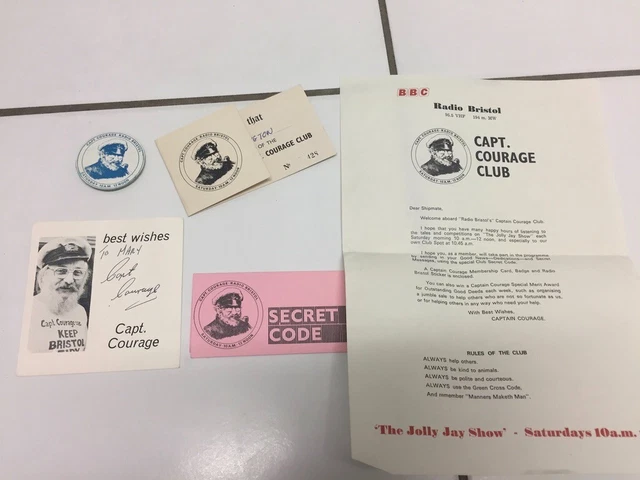 VINTAGE CAPTAIN COURAGE bbc radio Bristol badge, membership card ...
