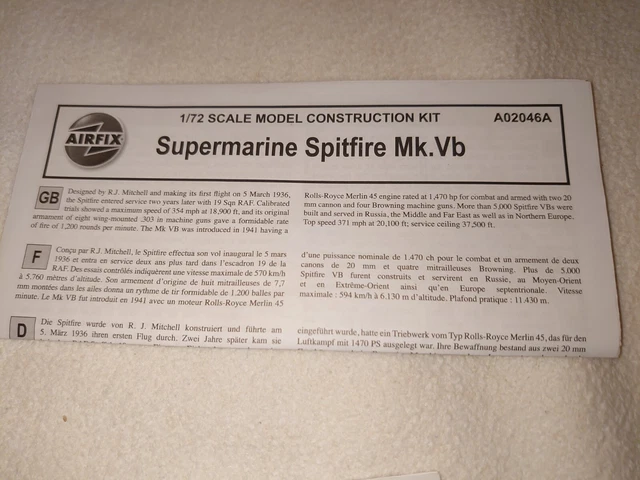 AIRFIX SUPERMARINE SPITFIRE Mk-Vb 1/72nd Scale Instruction Sheet Only £ ...