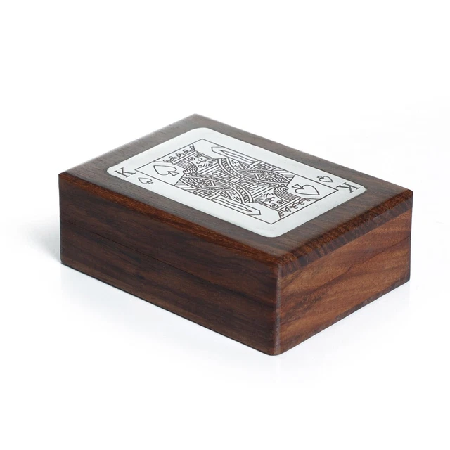 WOODEN HANDMADE SINGLE Playing Card Storage Box with Silver Brass Inlay ...