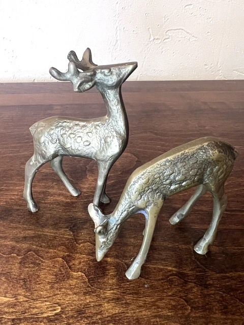 VINTAGE PAIR BRASS Deer Statue Fawn 4.5 inches x 3 inches Buck and Doe ...