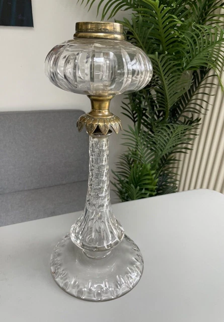 LARGE HEAVY CUT glass oil lamp with a oval cut glass font £110.00 ...