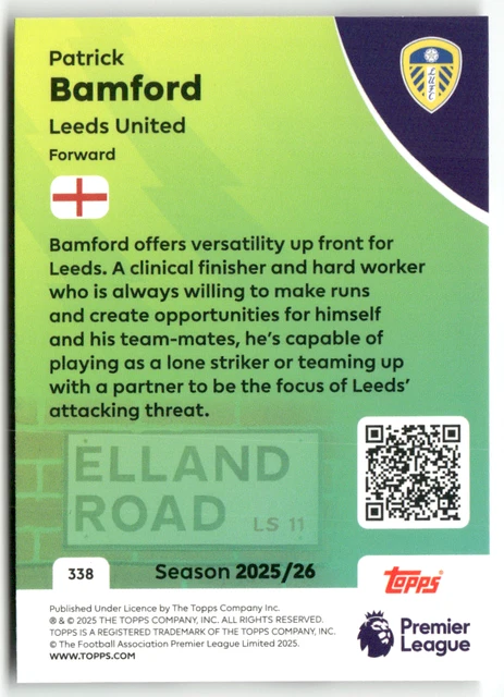 TOPPS PREMIER LEAGUE 2025-26 Soccer No. 338 Patrick Bamford £1.20 ...