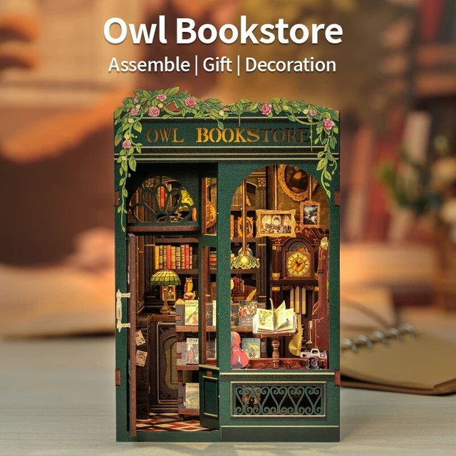 DIY BOOK NOOK Owl Bookstore Wooden Doll House Kit Miniature Model ...