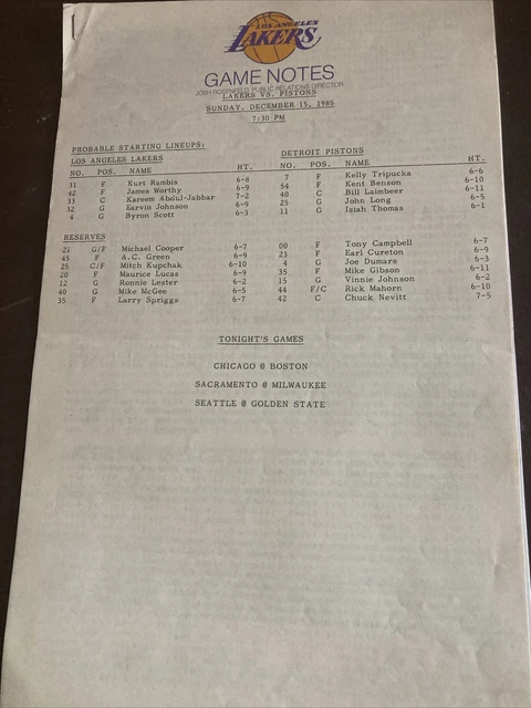 VINTAGE LA LAKERS Game Notes Lakers vs Pistons Magic Kareem Laimbeer ...