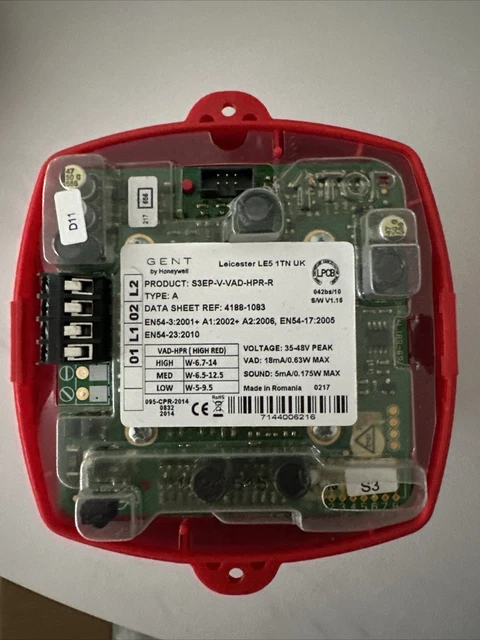 HONEYWELL GENT S3EP-V-VAD-HPR Fire Alarm Voice Sounder & Hi.Power Red ...
