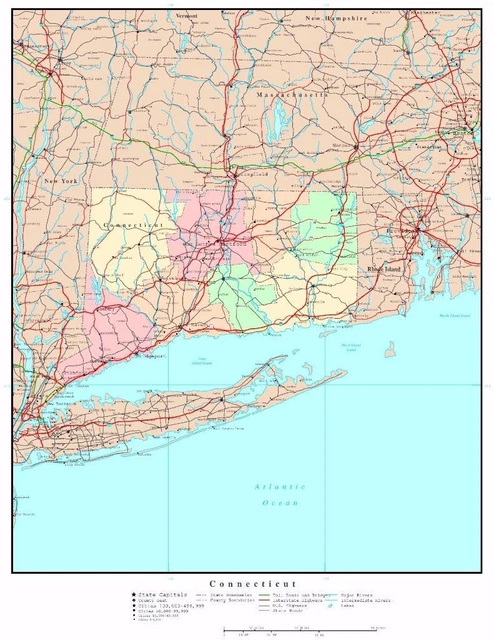 CONNECTICUT STATE POLITICAL MAP GLOSSY POSTER PICTURE PHOTO PRINT road ...