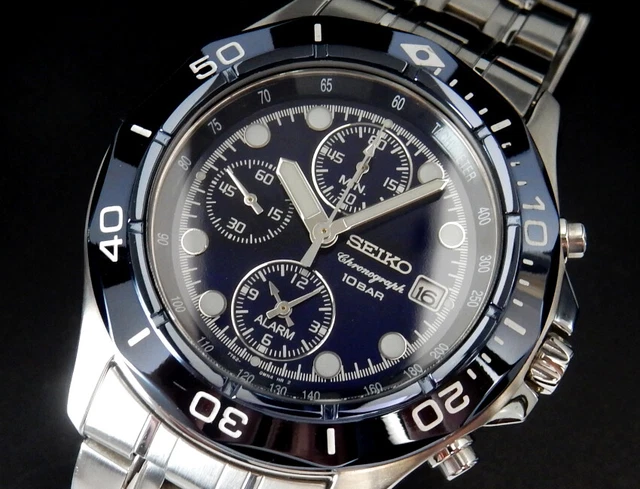 WORKING SEIKO CHRONOGRAPH Alarm Rotating Bezel Quartz Mens Blue Watch ...