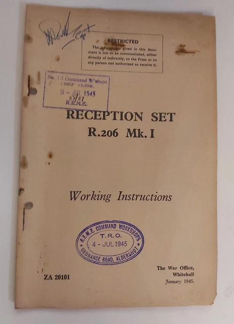 WW2 ARMY MILITARY Radio Working Instructions Manual Reception Set R206 ...
