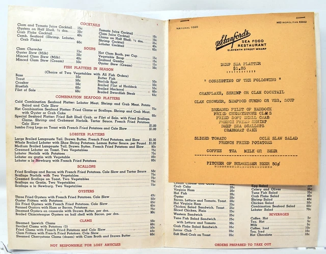 1940S STANFORD'S SEAFOOD Restaurant Menu 11th & Main Avenue Washington ...