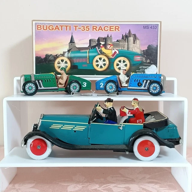 3 BUGATTI T35 Racer Schylling Wind Up Tin Litho Open Box With Key Retro ...