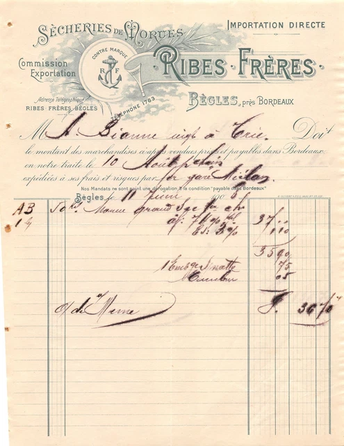 1908 SECHERIES DE Morues Ribes Freres A Begles - M. Bianne A Trie EUR ...