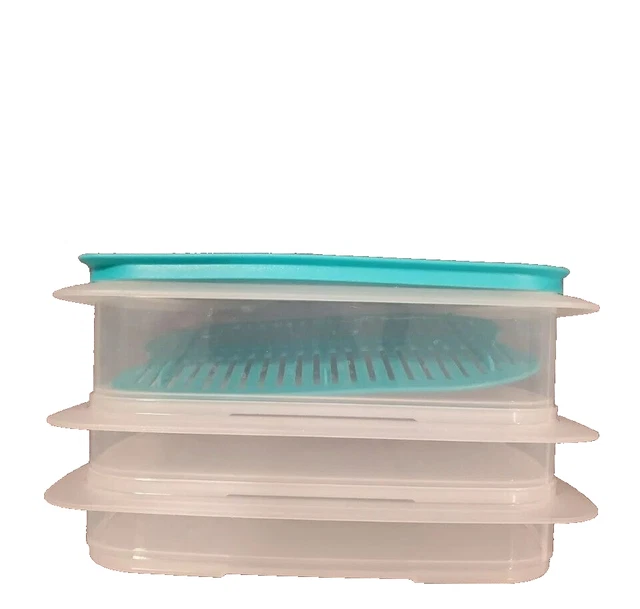 TUPPERWARE STACKABLE FRIDGE Deli Keeper 5Pc Sheer Aqua 3 compartments ...