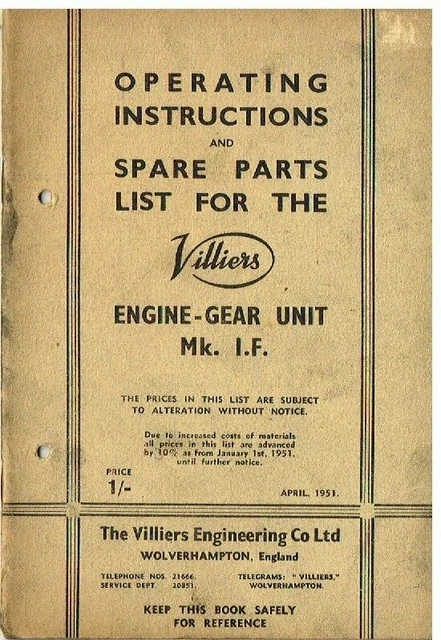 VILLIERS MK 1F 98cc 2-STROKE ENGINE 1951 OWNERS HANDBOOK & PARTS LIST £ ...