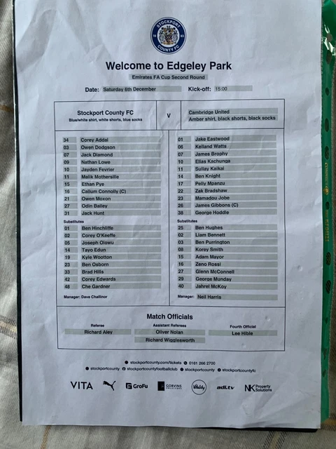 STOCKPORT COUNTY V Cambridge United (FA Cup team sheet) 2025 £1.17 ...