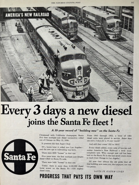 1953 SANTA FE Railroad Diesel Locomotive Building New Train Lines VTG ...