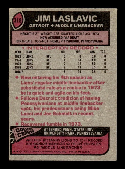 JIM LASLAVIC SIGNÉ 1977 Topps Football #318 Detroit Lions Sur Carte ...