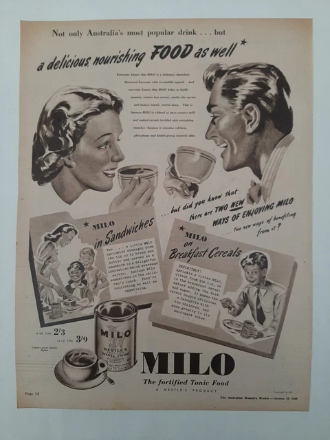 VINTAGE AUSTRALIAN ADVERTISING 1947 ad NESTLE'S MILO TONIC FOOD nurse ...