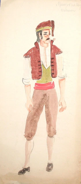TABLEAU AQUARELLE VINTAGE design costume homme théâtre signé EUR 88,34 ...