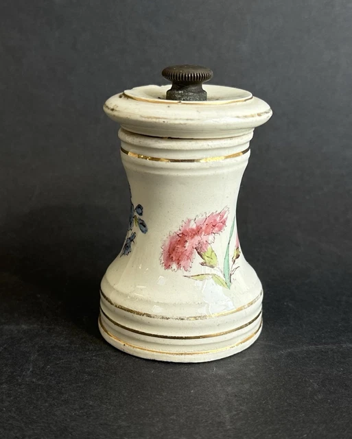 ANCIEN RARE MOULIN à poivre sel épices faïence décor floral Lion ...
