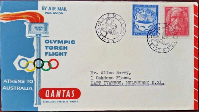 MELBOURNE 1956 OLYMPICS Torch Flight - Athens To Australia Qantas Cover ...