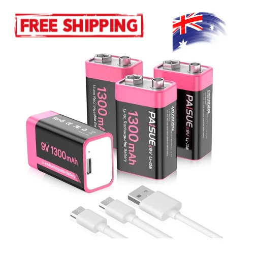 4 PACK 9V USB/USB-C Rechargeable Batteries 1300mAh High Capacity ...