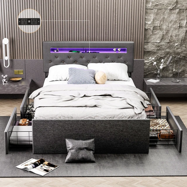 DOUBLE BED FRAME Bed Platform with LED Lights Upholstered Headboard 4 ...
