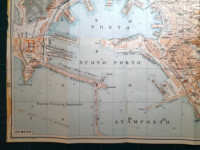 CARTA GEOGRAFICA ANTICA GENOVA Pianta della città e porto TCI 1924 ...