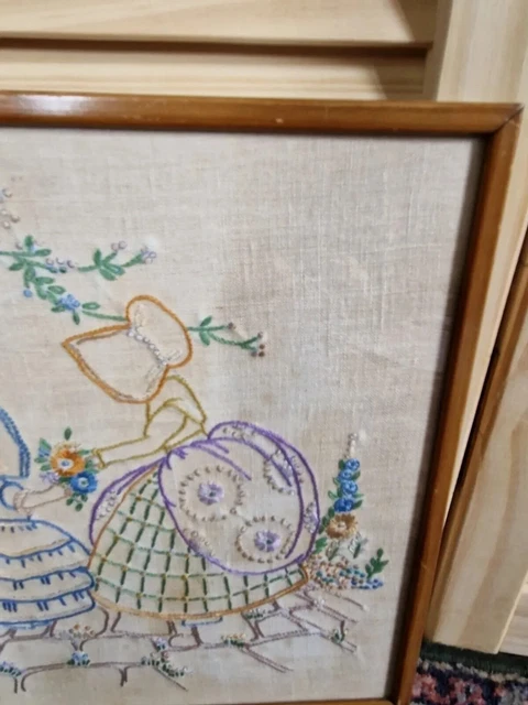 VINTAGE HAND EMBROIDERED Crinoline Girl Daughter Floral Textile Art ...