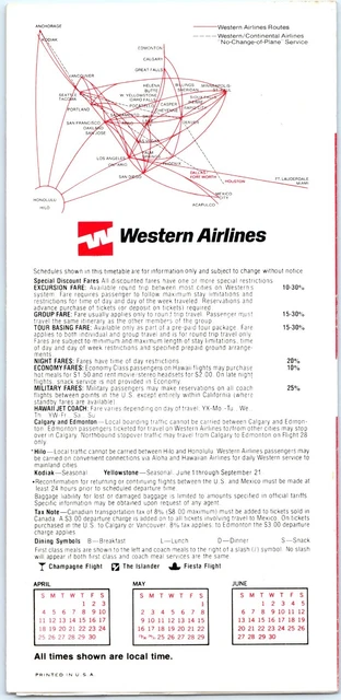 1976 WESTERN AIRLINES Timetable DENVER Reference Schedule Fold Brochure ...
