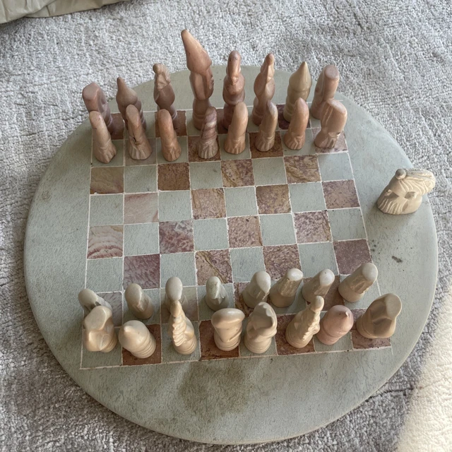 VINTAGE AFRICAN SOAPSTONE chess set and board -- handcarved and unique ...