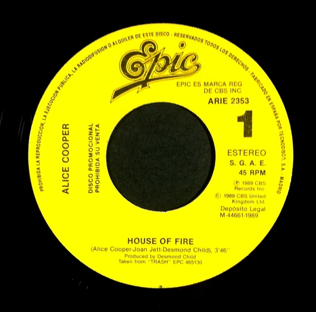 ALICE COOPER HOUSE On Fire Sandra Vinyle 7 " 45 Epic 1989 (Promotional ...