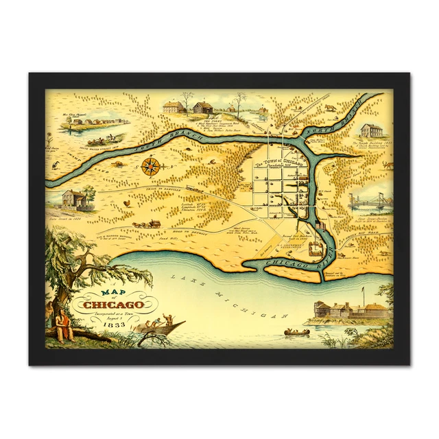 CONLEY 1833 MAP Chicago Illionis Pictorial Chart Large Framed Art Print ...