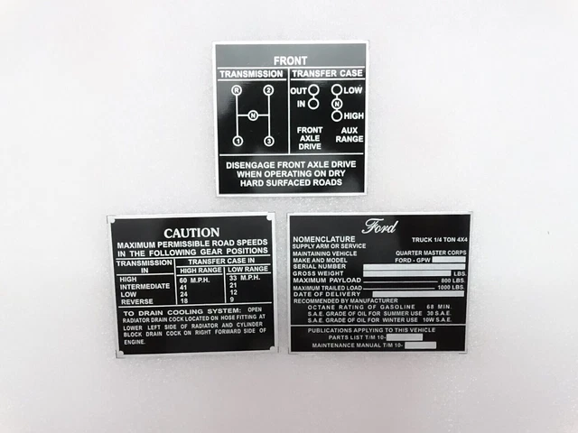 DASH DATA PLATE Aluminum Black Set Of 3 Fits Jeeps Willys Ford CJ2A ...