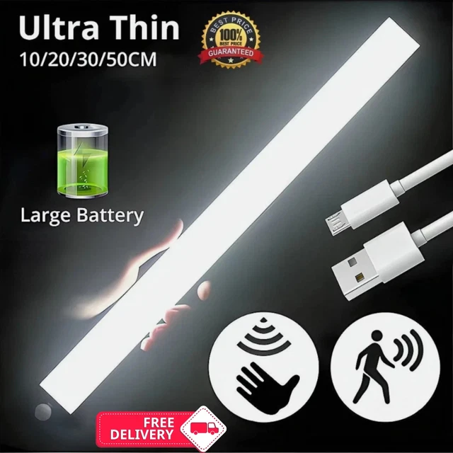 LED MOTION SENSOR USB Rechargeable Wireless PIR Strip Light Cabinet ...