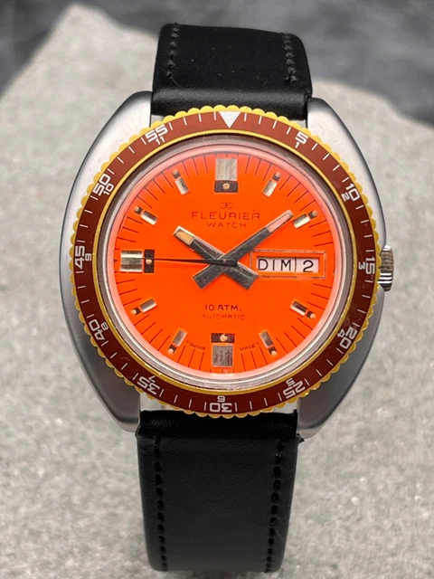 VINTAGE FLEURIER WATCH Orange Dial Automatic Day Date Mens Watch Diver ...