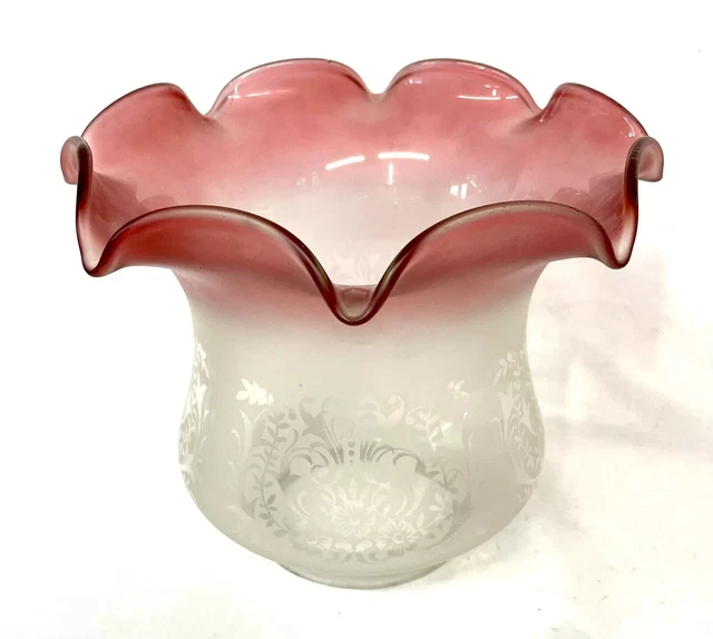 ANTIQUE VICTORIAN CRANBERRY Acid Etched Glass Gas Oil Lamp Shade PAIR ...