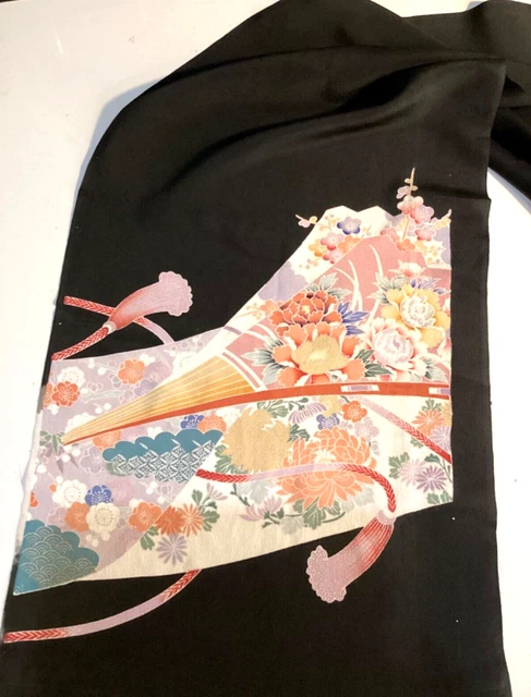 VINTAGE JAPANESE KIMONO Silk Fabric, Black Tomesode Ribbons Long Panel ...