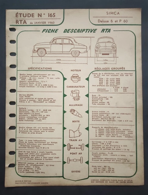 ANCIENNE FICHE TECHNIQUE automobile - RTA - Simca Deluxe 6 et P60 ...