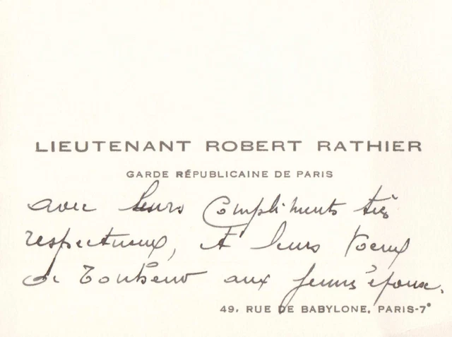 ANCIENNE CARTE DE Visite Militaire Lieutenant Robert Rathier Garde ...