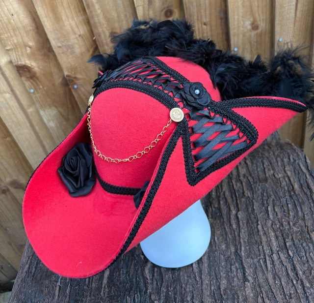 STUNNING RED BLACK Wool Tricorn Pirate Hat Renaissance Feathers Corset ...