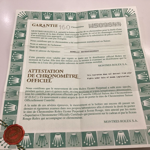 GENUINE ROLEX UNNAMED and undated Guarantee certificate Blank 68628 £ ...